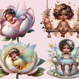 Melanin Fairy Clipart Bundle, Whimsical Baby Melanin Fairies Clipart ...