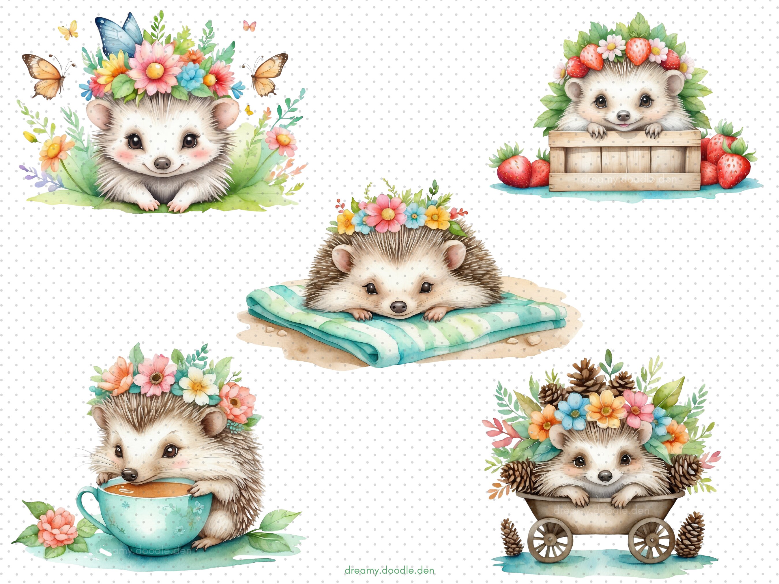 Floral Hedgehogs Clipart Bundle, Cute Hedgehogs Clipart, Woodland ...