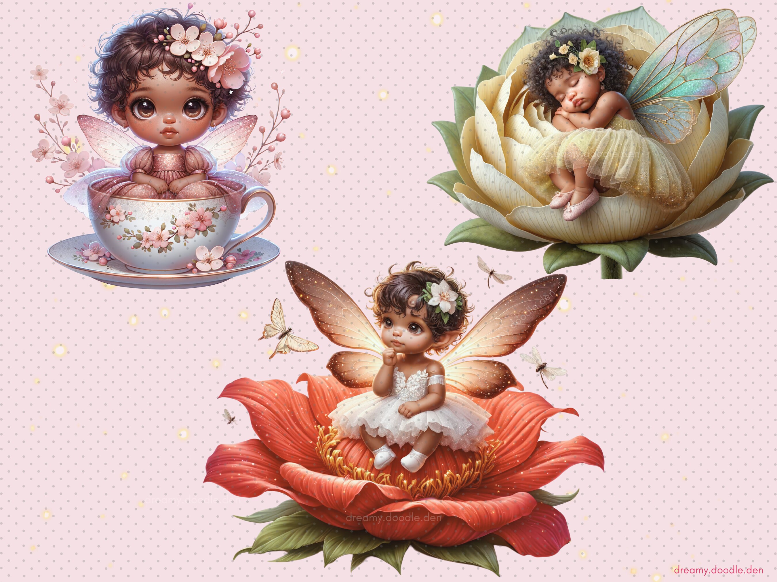 Melanin Fairy Clipart Bundle, Whimsical Baby Melanin Fairies Clipart ...