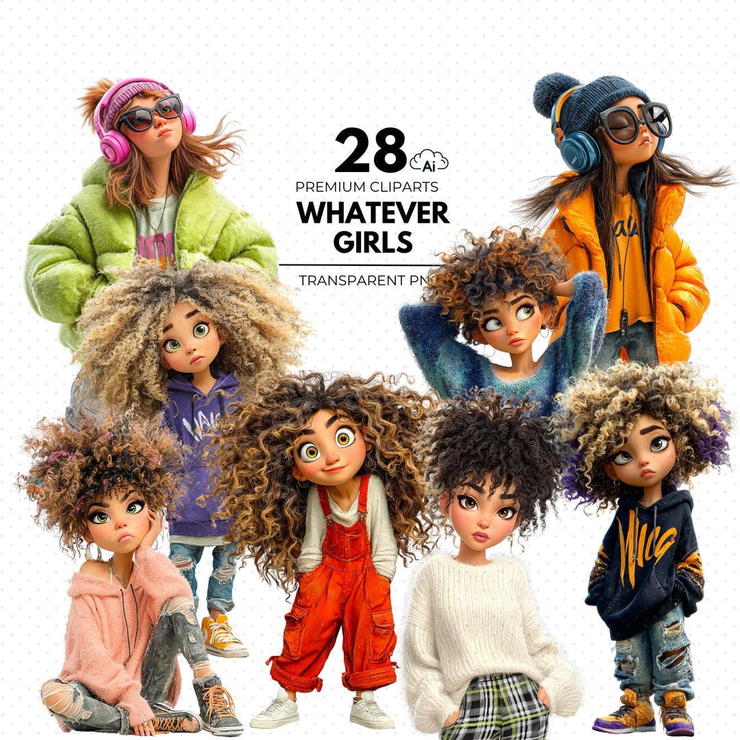 Whatever Girls Clipart Bundle, 28 Expressive Girl Pngs, Modern Girlie ...