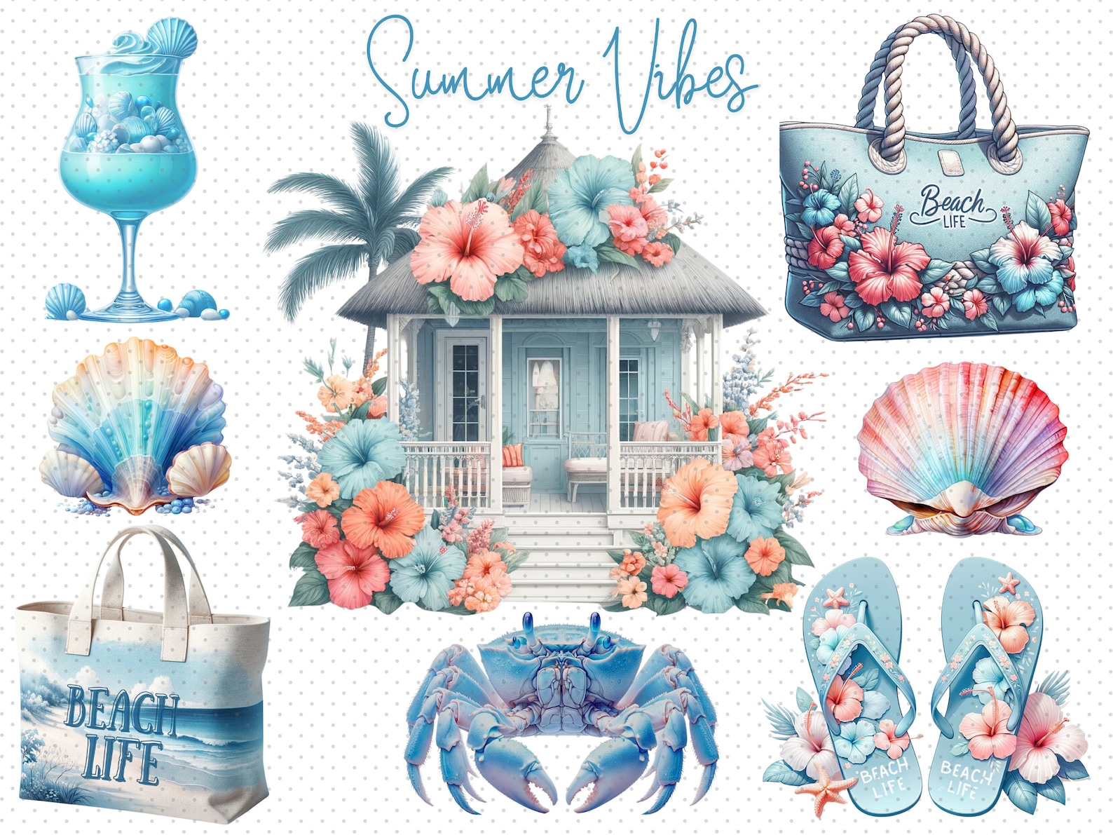 Beach Clipart Bundle, Seashells Clipart, Coastal Clipart, Hibiscus ...