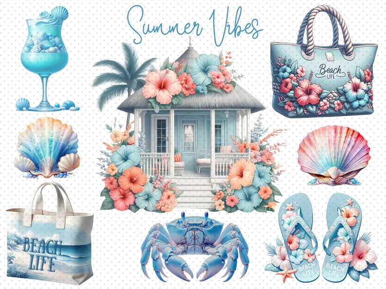 Beach Clipart Bundle, Seashells Clipart, Coastal Clipart, Hibiscus ...