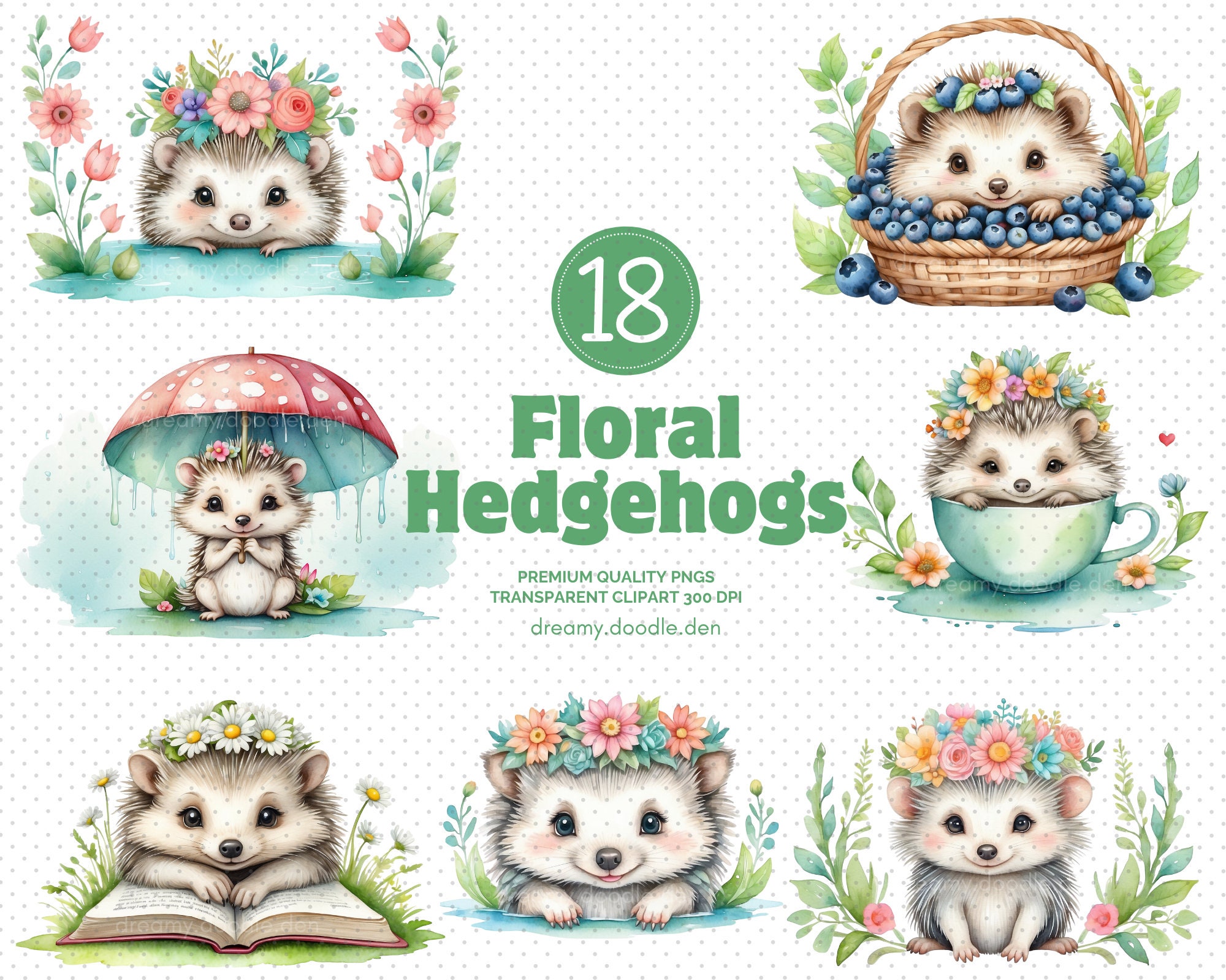 Floral Hedgehogs Clipart Bundle, Cute Hedgehogs Clipart, Woodland ...