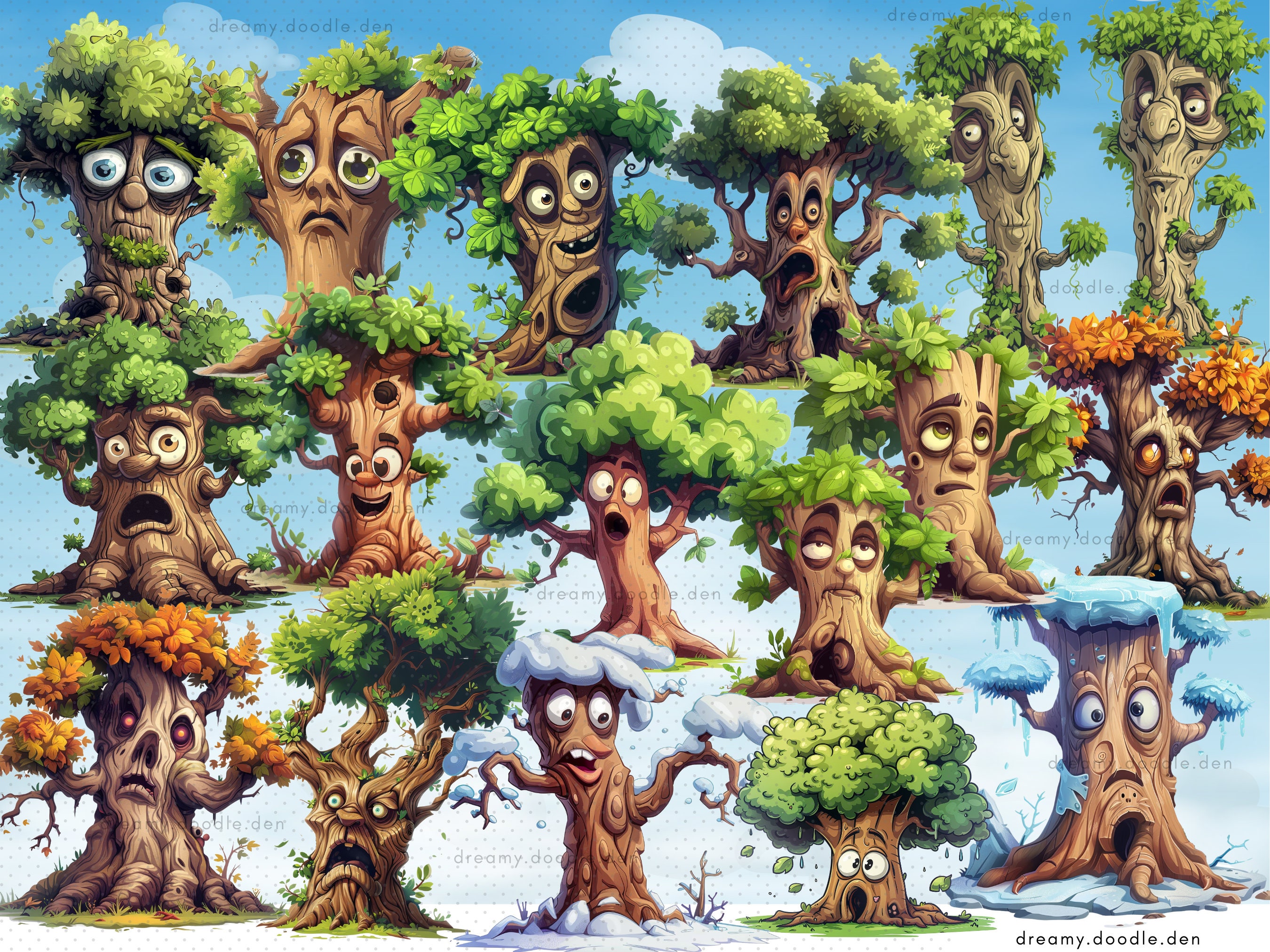 Whimsical Trees Clipart, Quirky Trees Clipart Bundle, Funny Faces ...