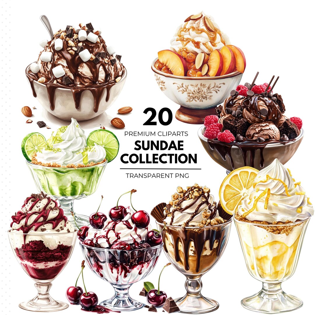 Ice Cream Sundae Clipart Bundle, Watercolor Dessert PNG, Summer Food ...