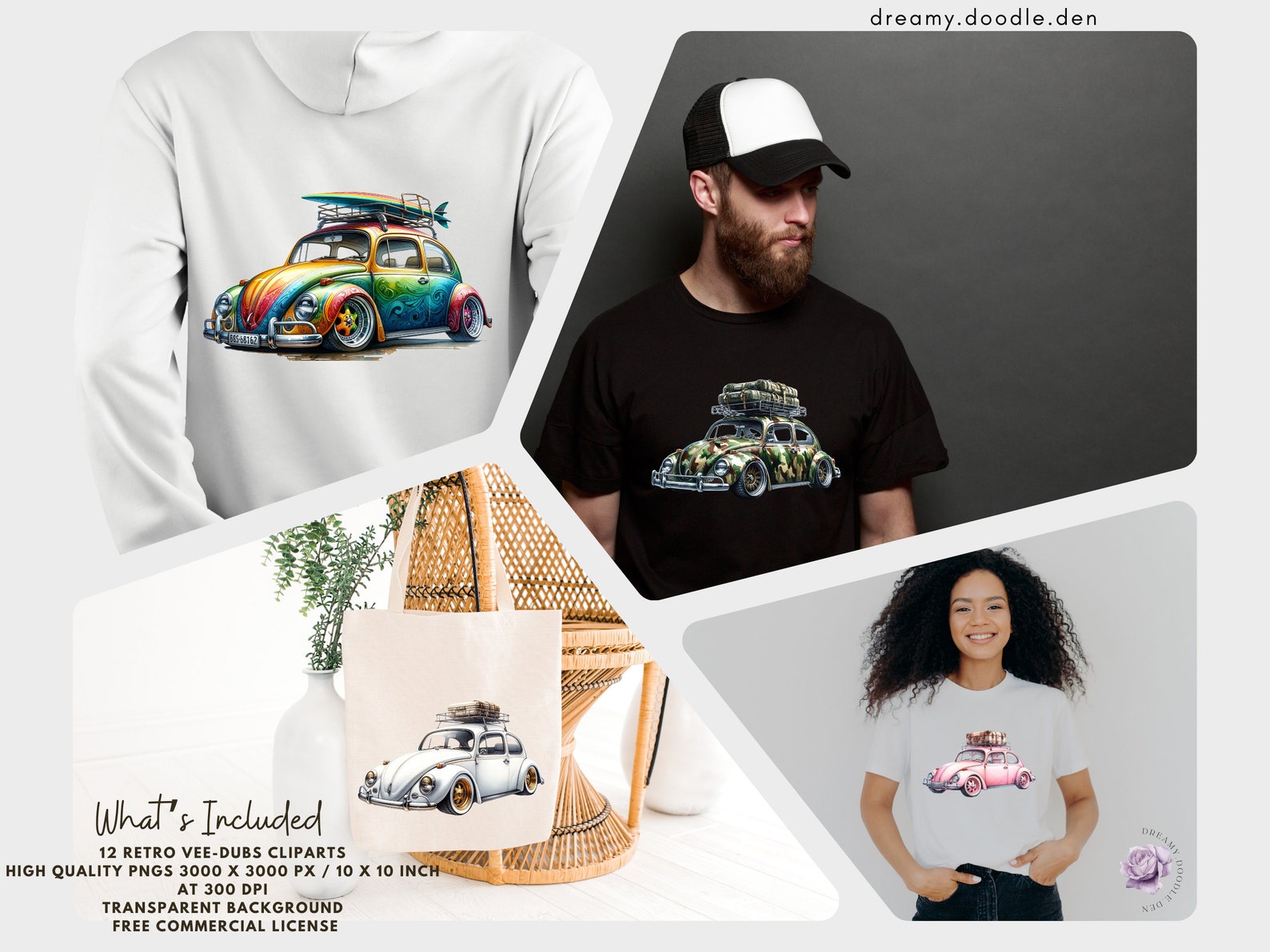 Vintage VW Beetle Clipart, Retro VW Beetle Graphics, Classic Car Illustrations, Nostalgic ...