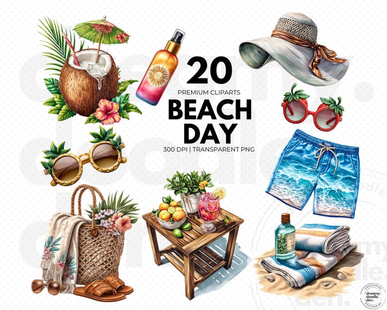 Beach Day Clipart Bundle, Summer Vacation Pngs, Watercolor Beach ...