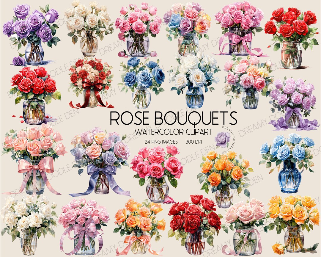 Rose Bouquets Clip Art Rose Clipart Wedding Invitation Roses Watercolor ...