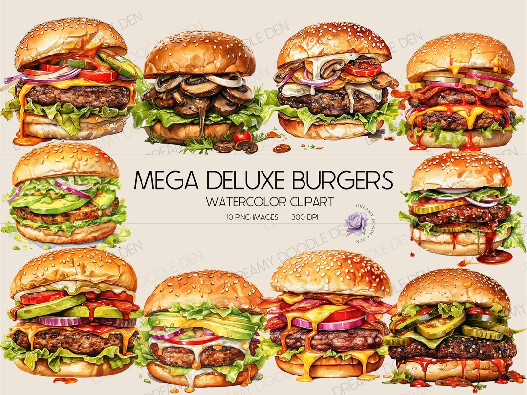 Burger Clipart Watercolor Food Clipart Deluxe Burgers PNG - Etsy