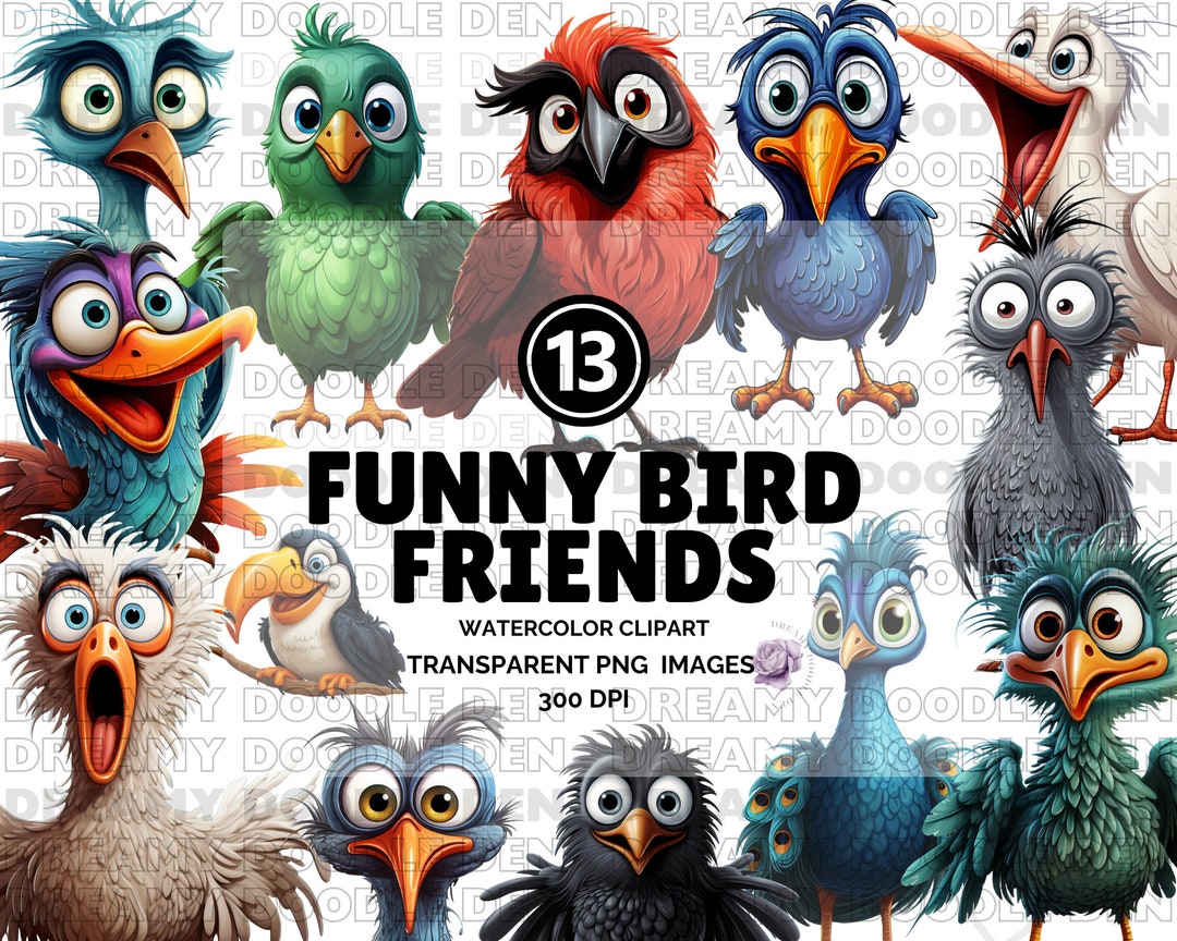 Funny Bird Clipart, Whimsical Bird Illustrations, Humorous Bird Clipart ...