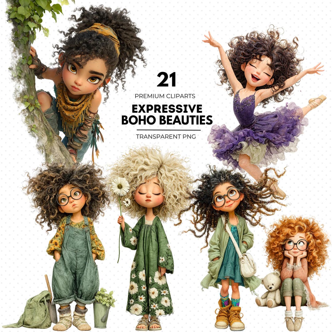 Boho Girl Clipart Bundle, Cottagecore Art PNG, Whimsical Child ...