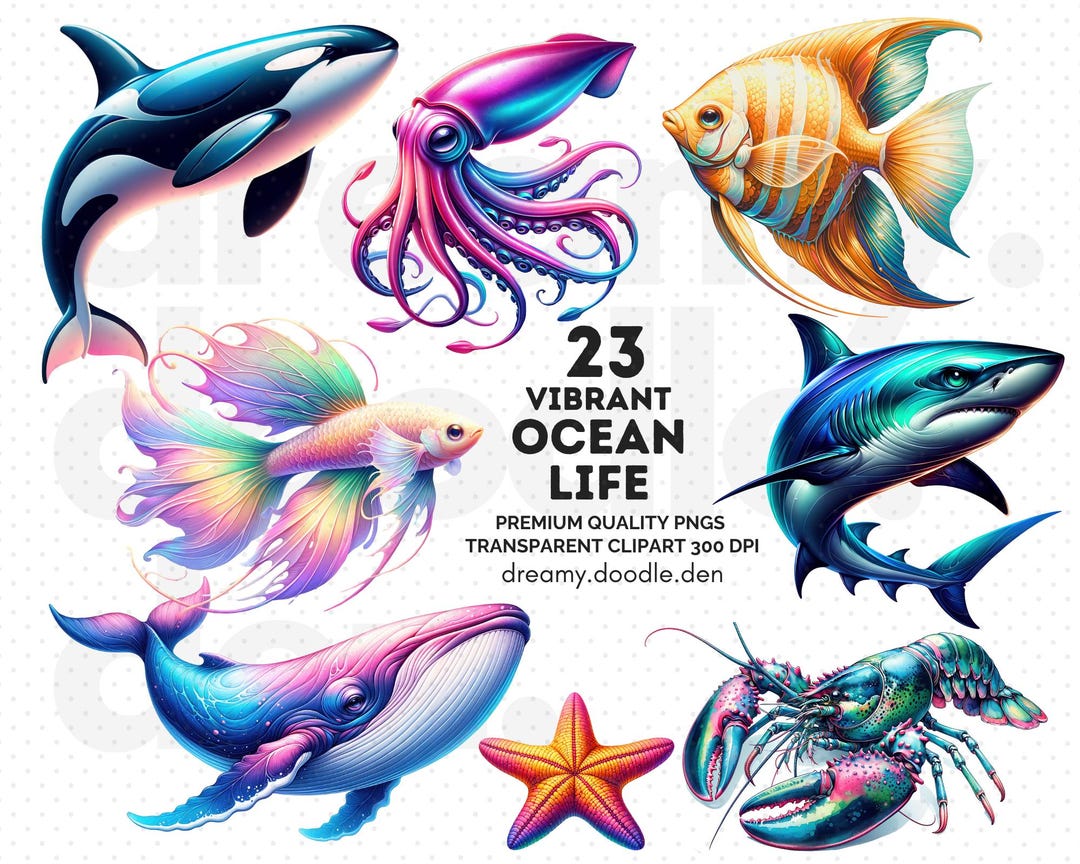 Ocean Life Clip Art Bundle, 23 Vibrant Sea Elements, Vibrant Ocean Life ...