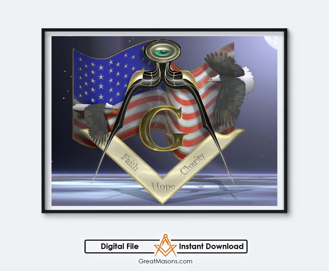 US Flag American Eagle Masonic Faith Hope Charity Square & Compasses 3D ...
