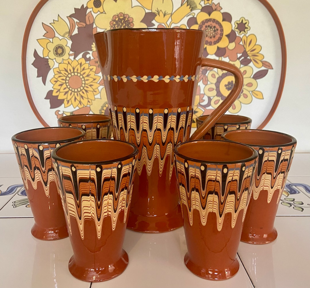 Fun 1970s Bulgarian Troyan Pottery Drinking Set /jug and Six Cups for ...