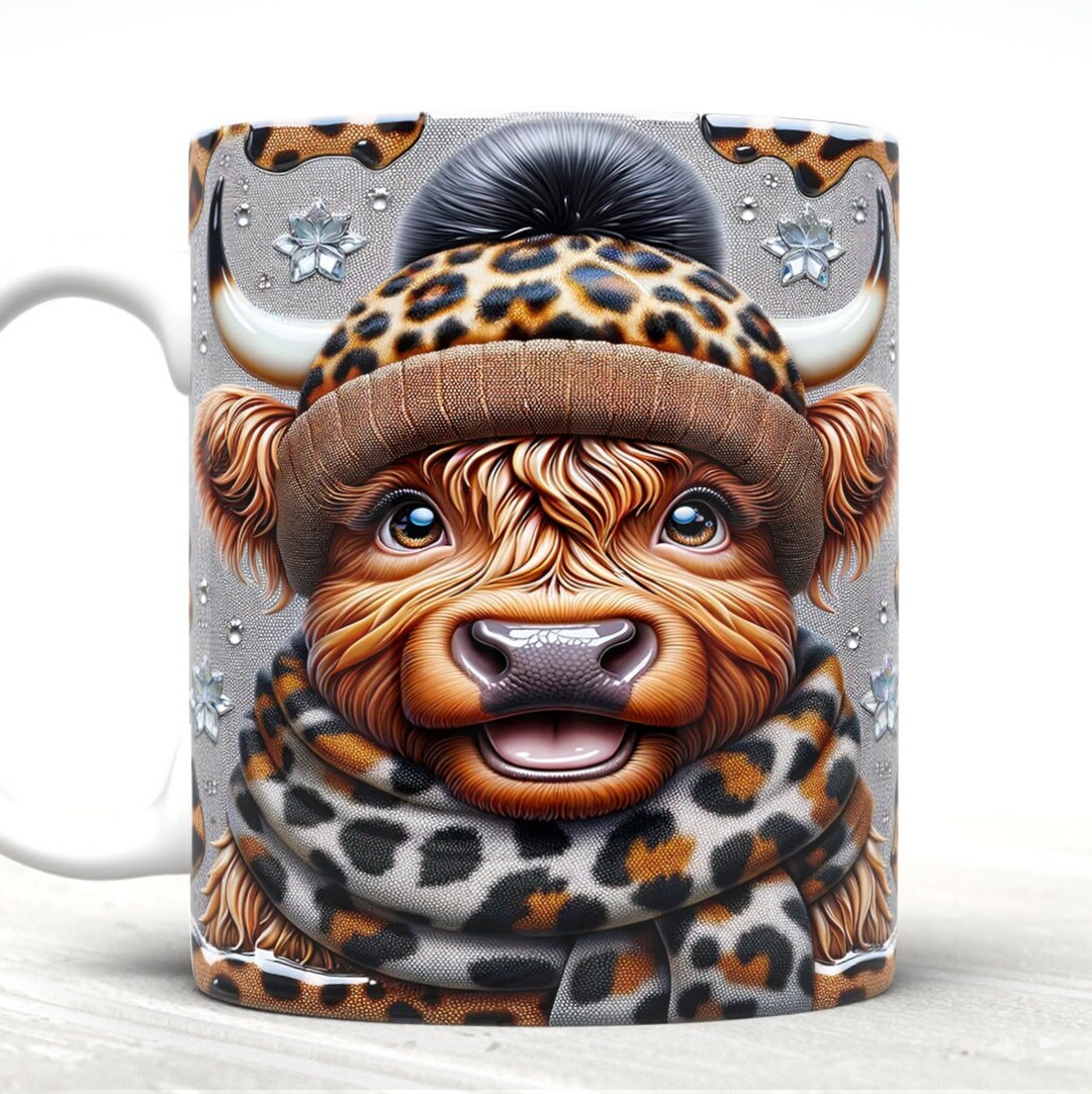 3D Highland Cow Mug Wrap, Winter 3D Cow 11oz and 15oz Animal Mug ...