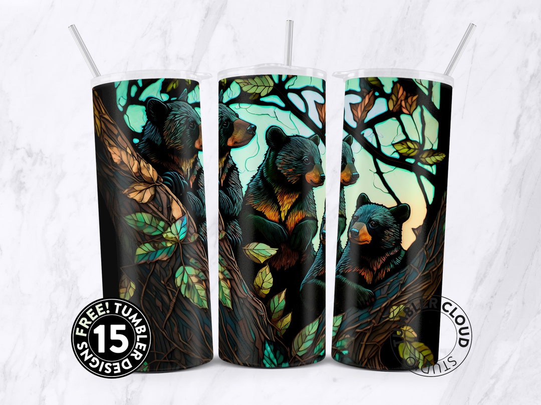 Stained Glass Black Bear Cubs Digital Wrap, 20oz Skinny Tumbler Designs ...