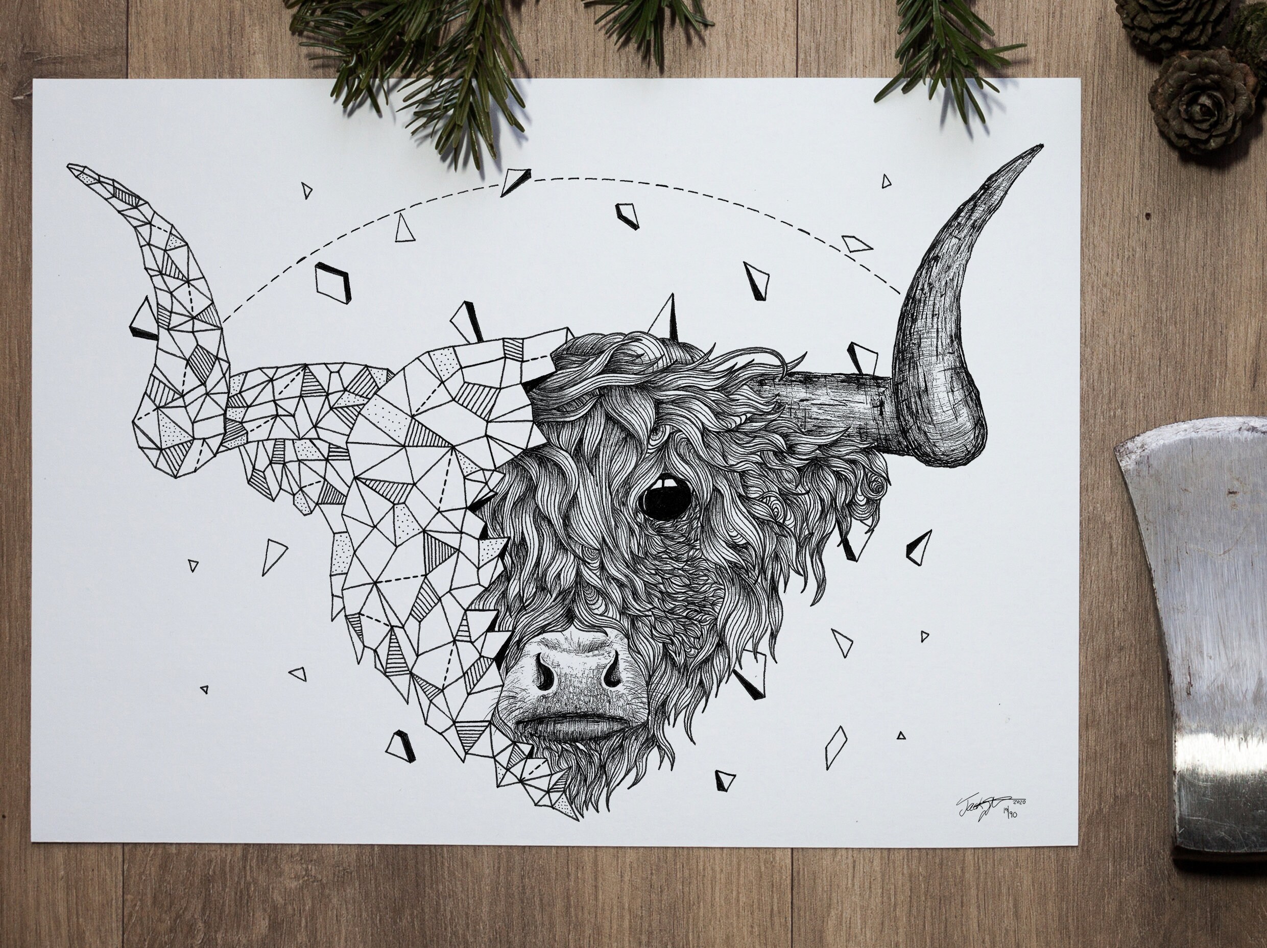 Geometric Highland Cow Scotland Art Print Gift for Hiker - Etsy