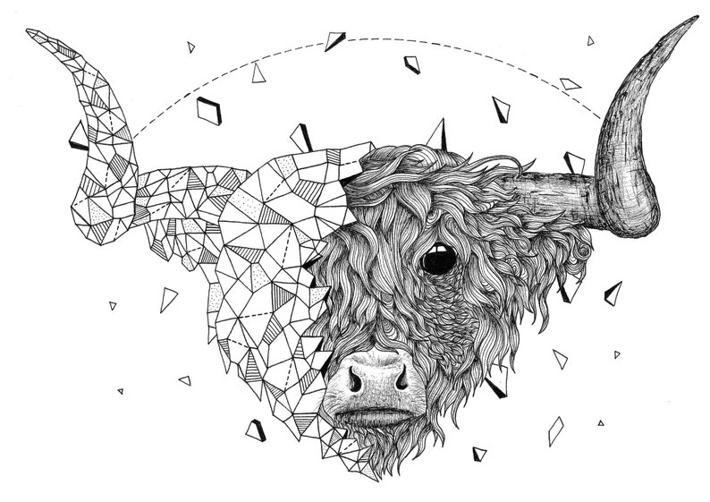Geometric Highland Cow Scotland Art Print Gift for Hiker Risograph ...
