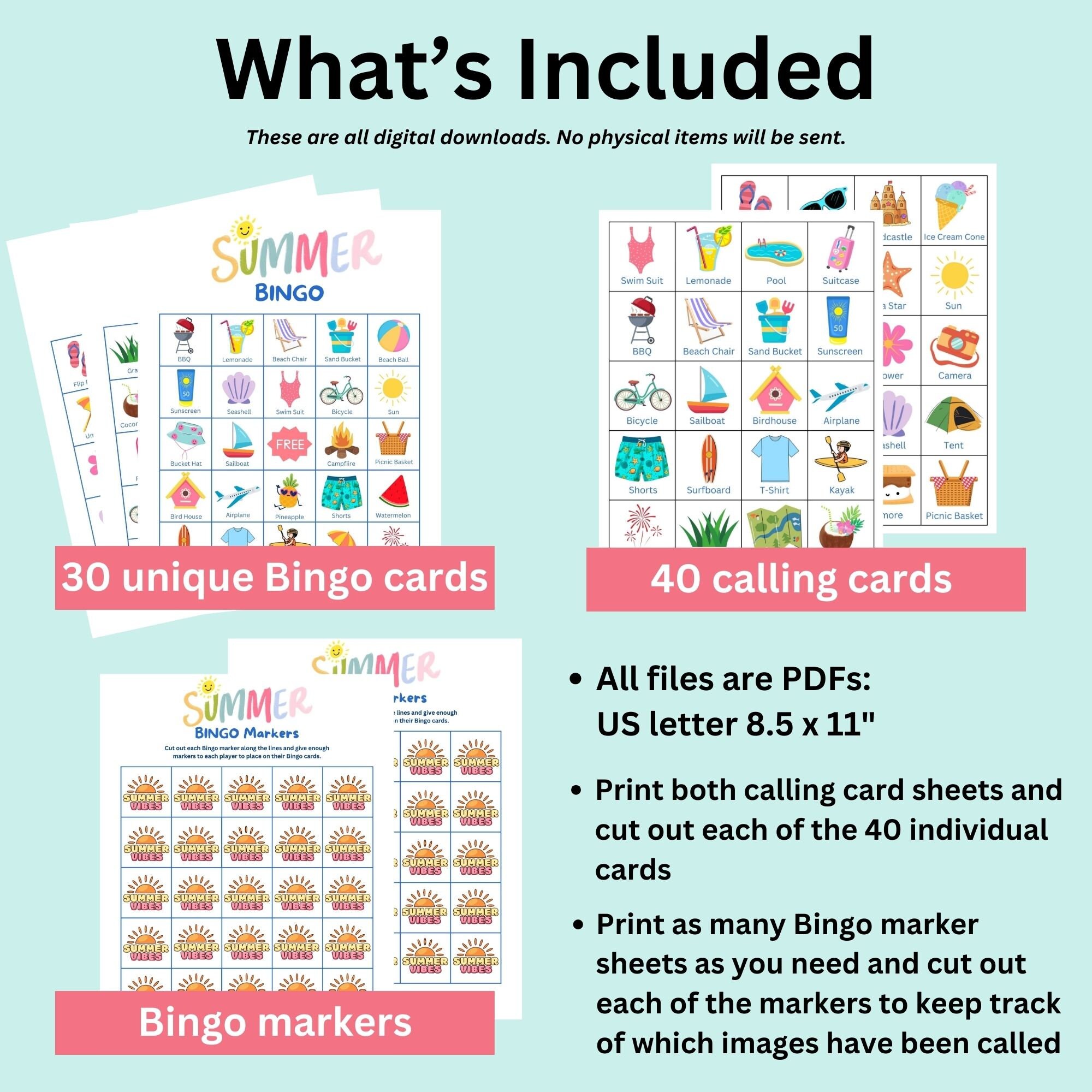 30 Unique Summer Bingo Cards, Printable Summer Activity, Summer Digital ...