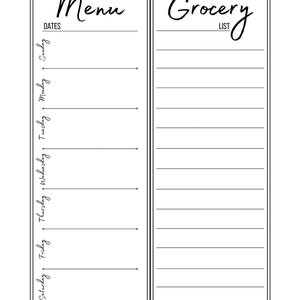Simple, Clean, Cute Weekly Menu With Grocery List - Etsy