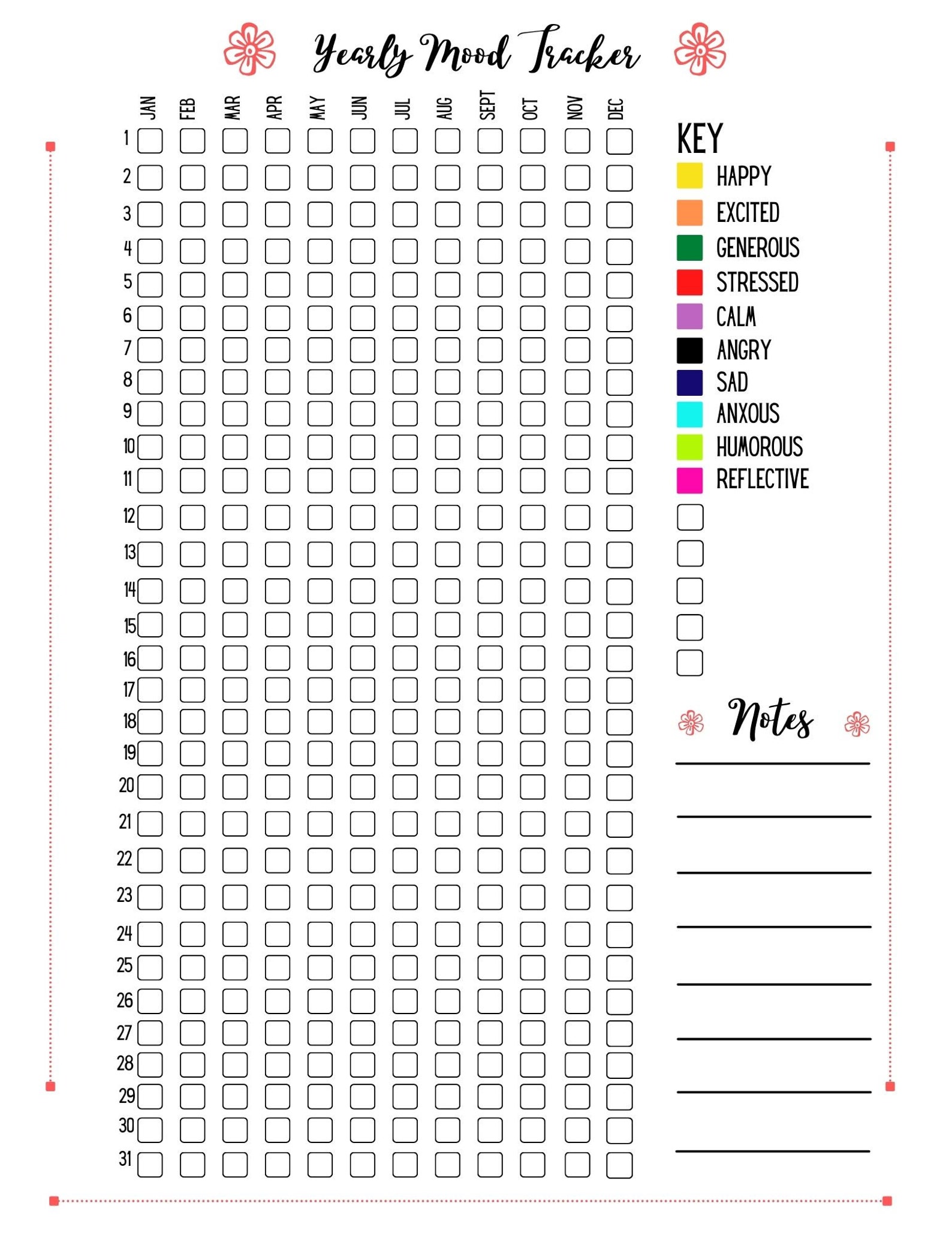 Mood Tracker Printable Yearly Mood Tracker Bullet Journal - Etsy