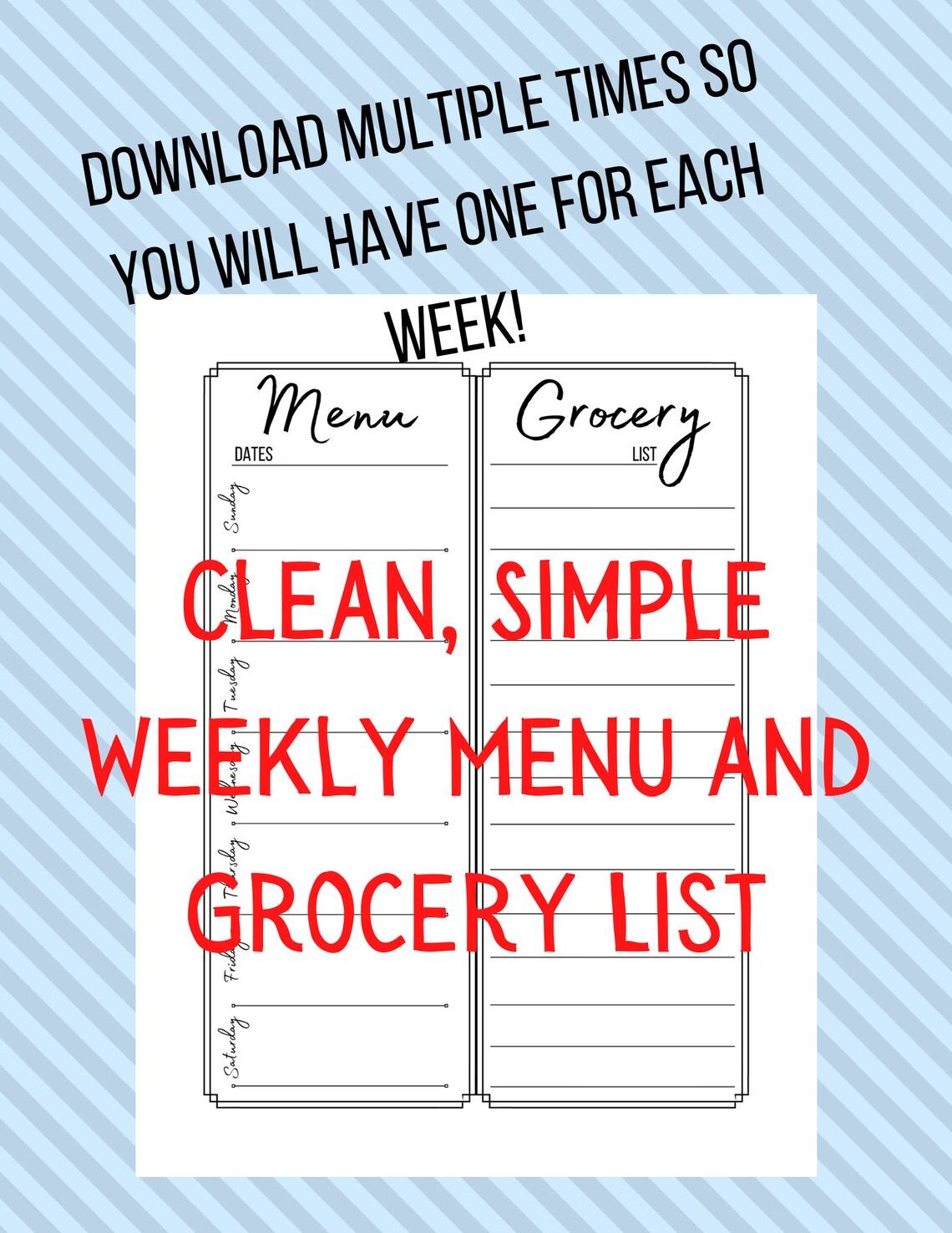 Simple, Clean, Cute Weekly Menu With Grocery List - Etsy