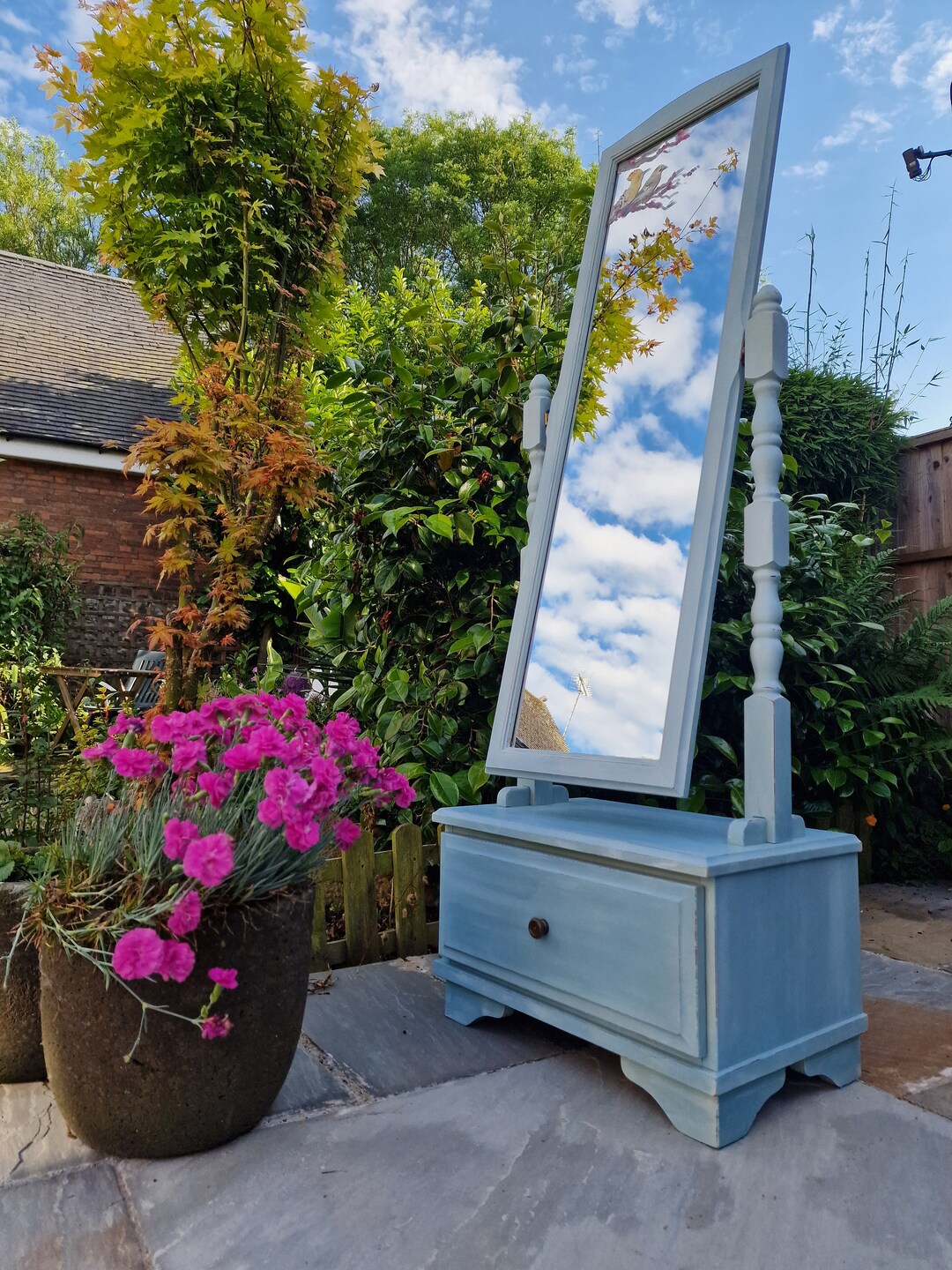 Freestanding Mirror With Drawer Duck Egg Blue Distressed - Etsy