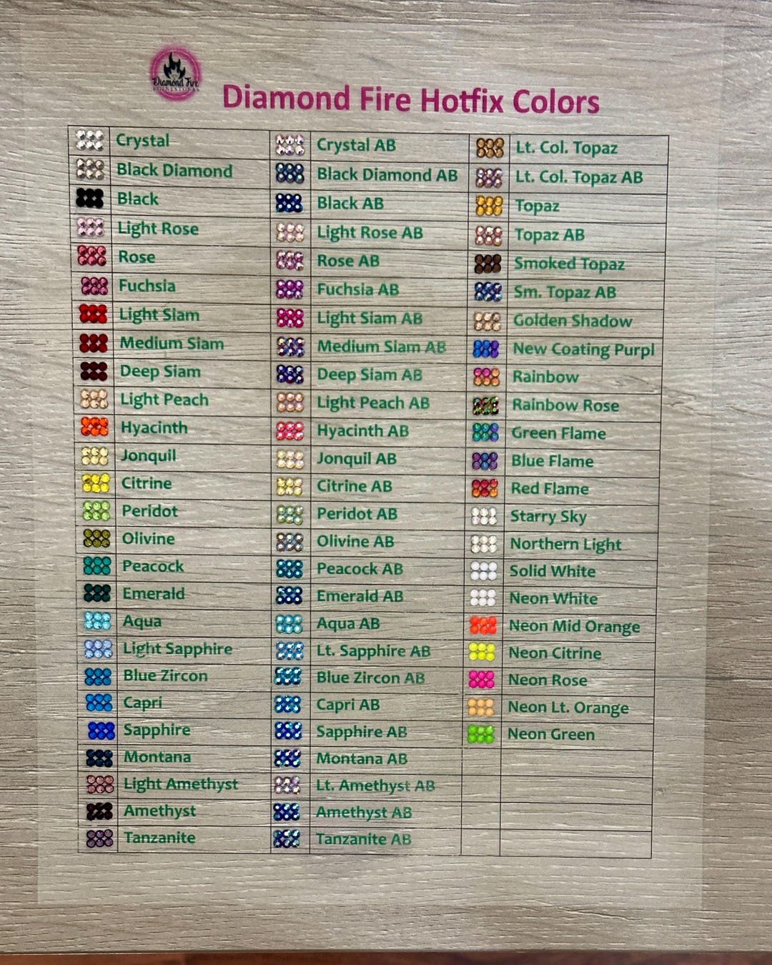 DFR Hotfix Color Chart | Diamond Fire Rhinestones - Etsy