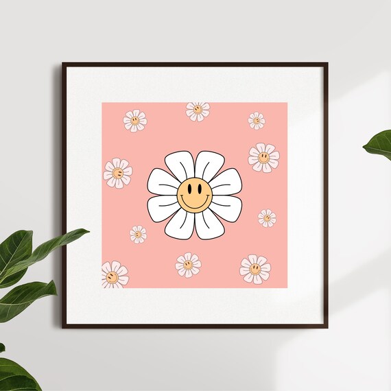 Retro Groovy Smiley Face Flower Printable Digital Art Print - Etsy
