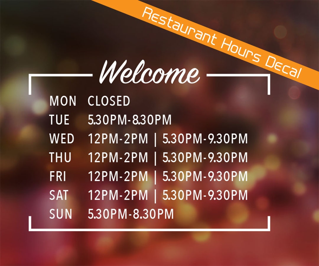 Restaurant Hours Decal Vinyl Cut, Window Sign, Trading Hours, Opening ...