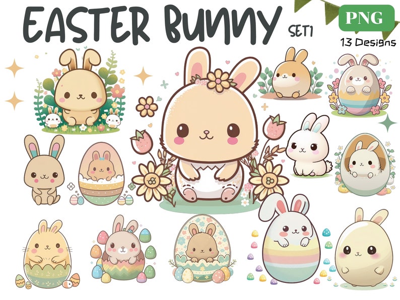 Easter Bunny Clipart Bundle, Cute Cartoon Rabbits, Easter Png, Bunnies ...