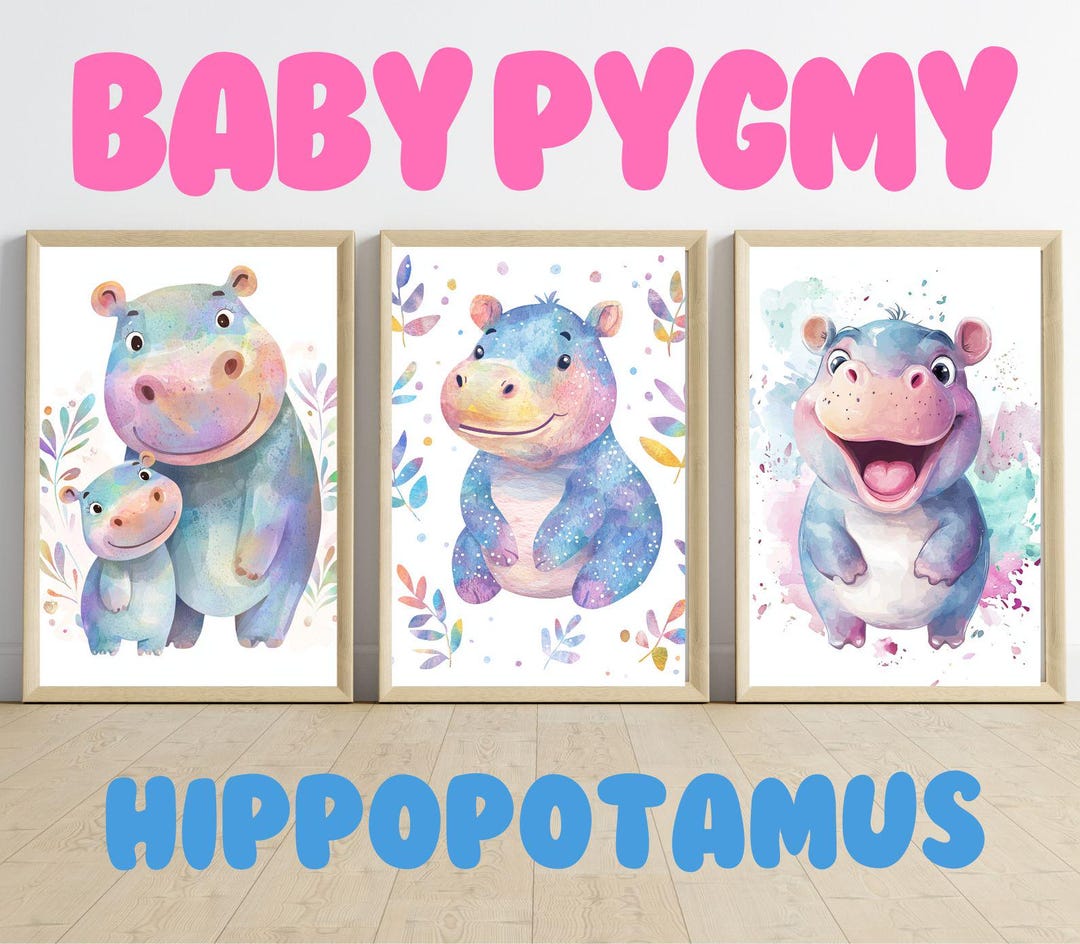 Baby Pygmy Hippo Art | Cute Nursery Wall Art | Baby Animal Print ...