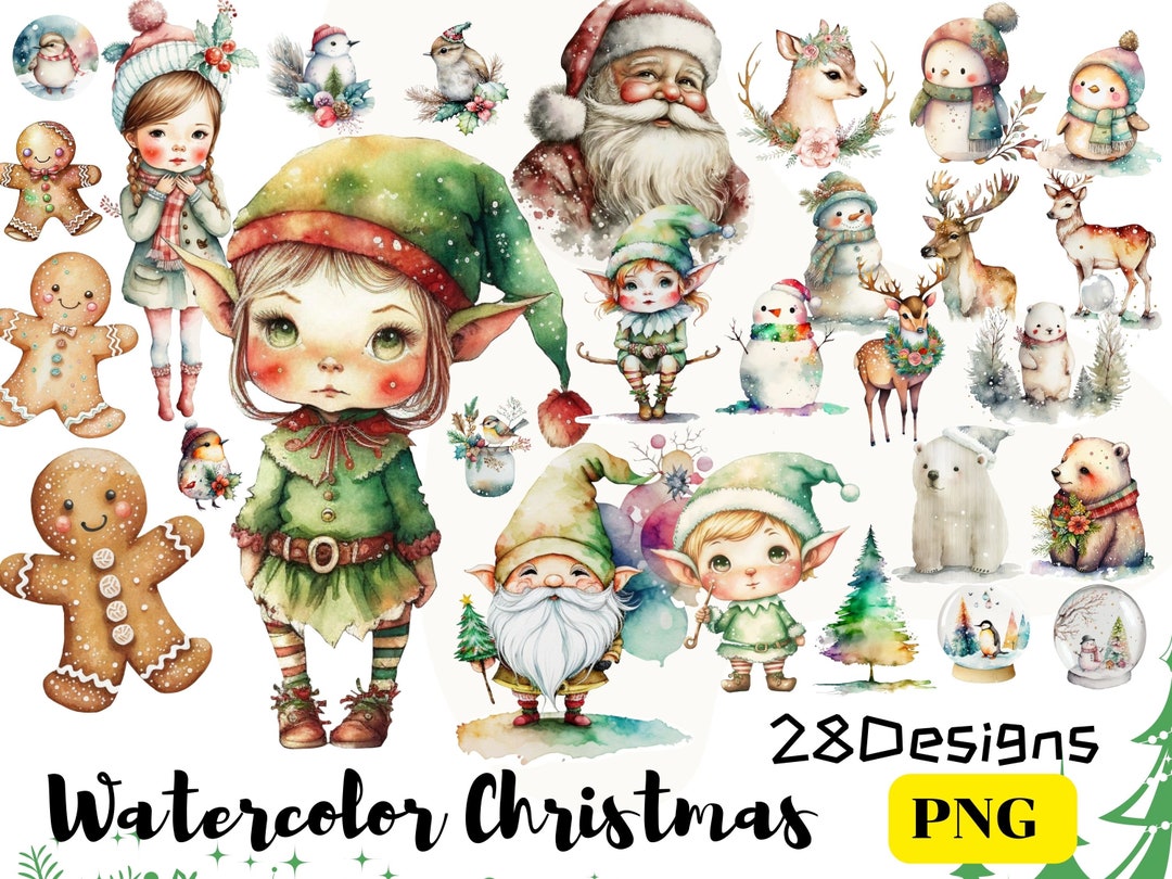 Christmas Watercolor Clipart Santa Claus Elf Snowman Gnome - Etsy