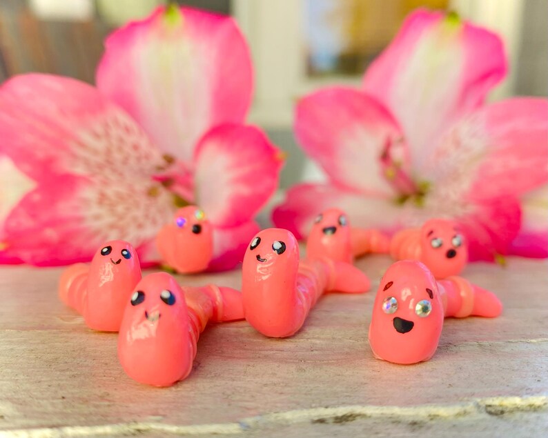 Multi-pack:tiny Pink Worm Decor Cute Polymer Clay Worms and Sweet Smile ...