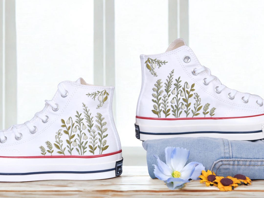 Botanical Converse With Lily of the Valley, Custom Embroidered Nature ...