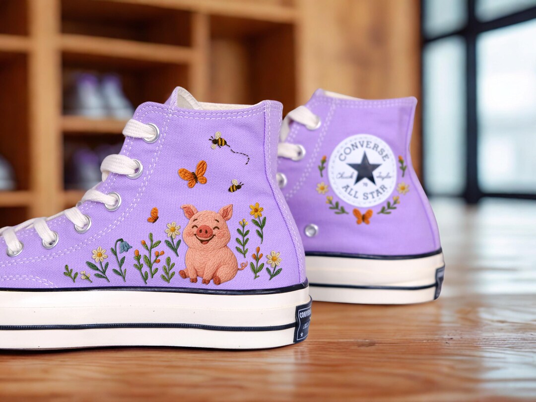 Pink Pig Converse, Custom Purple Embroidered Sneakers, Cute Animal High ...