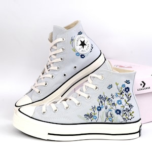 Hand Embroidered Blue Flower Converse, Custom High Tops, Floral ...
