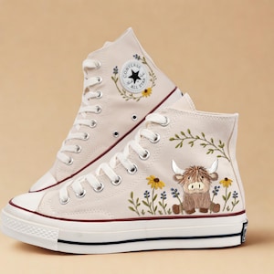 Highland Cow Converse, Embroidered Farm Animal Shoes, Cream Custom High ...