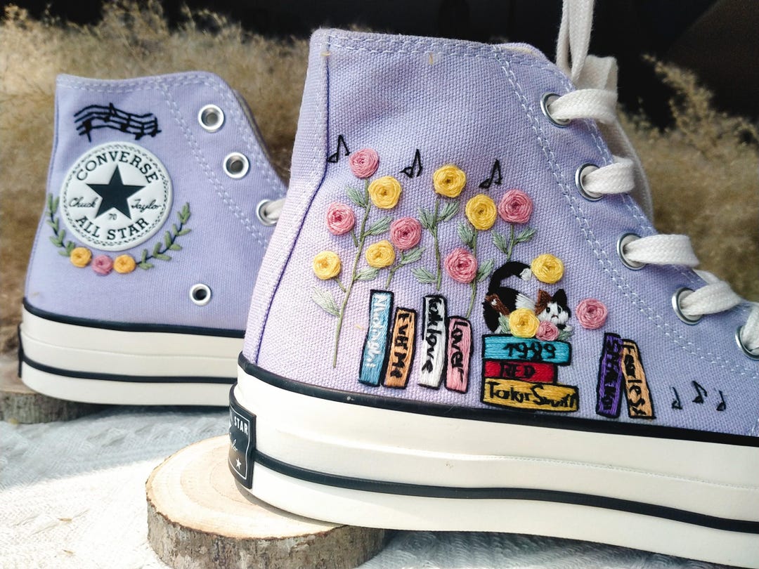 Embroidery Book Cat Converse/album Embroidered Sneakers/flower, Cat ...