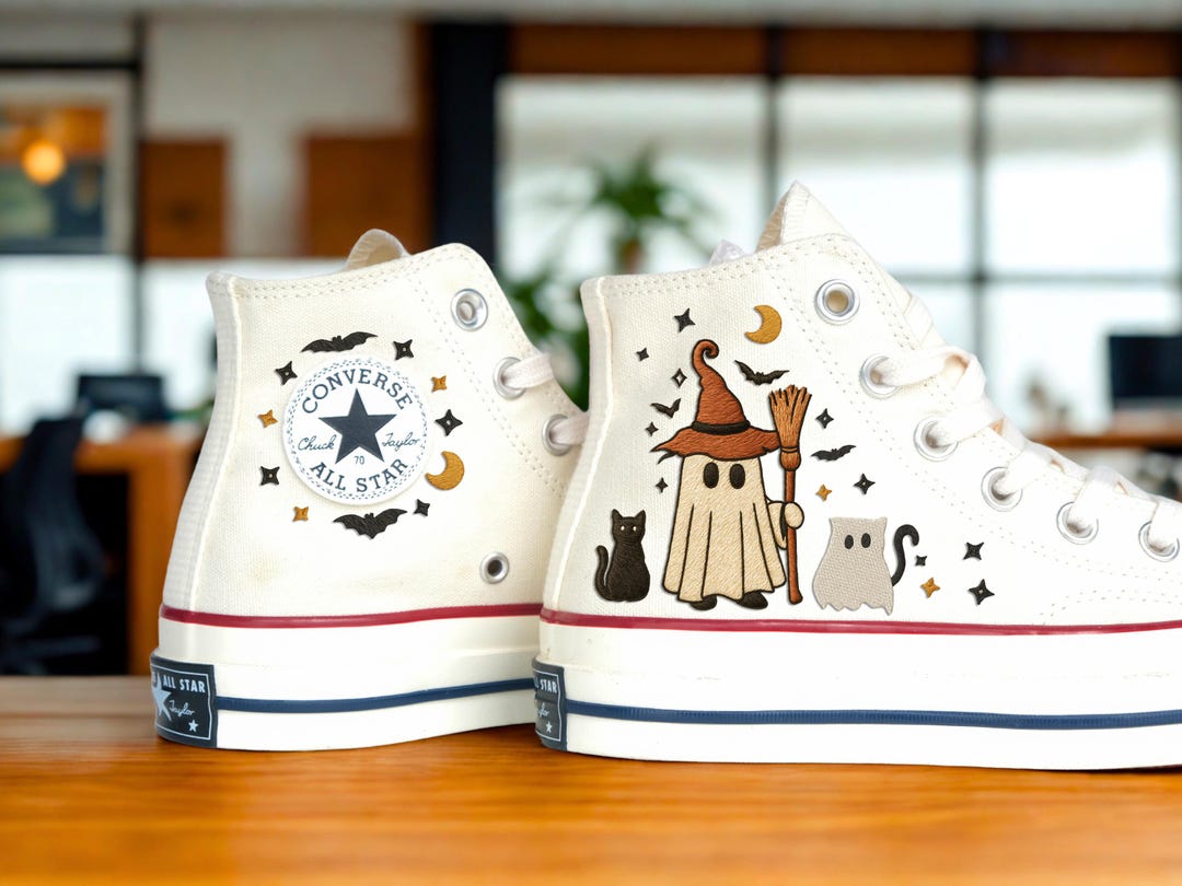 Hand Embroidered White Converse With Witchy Ghost & Cats, Halloween ...