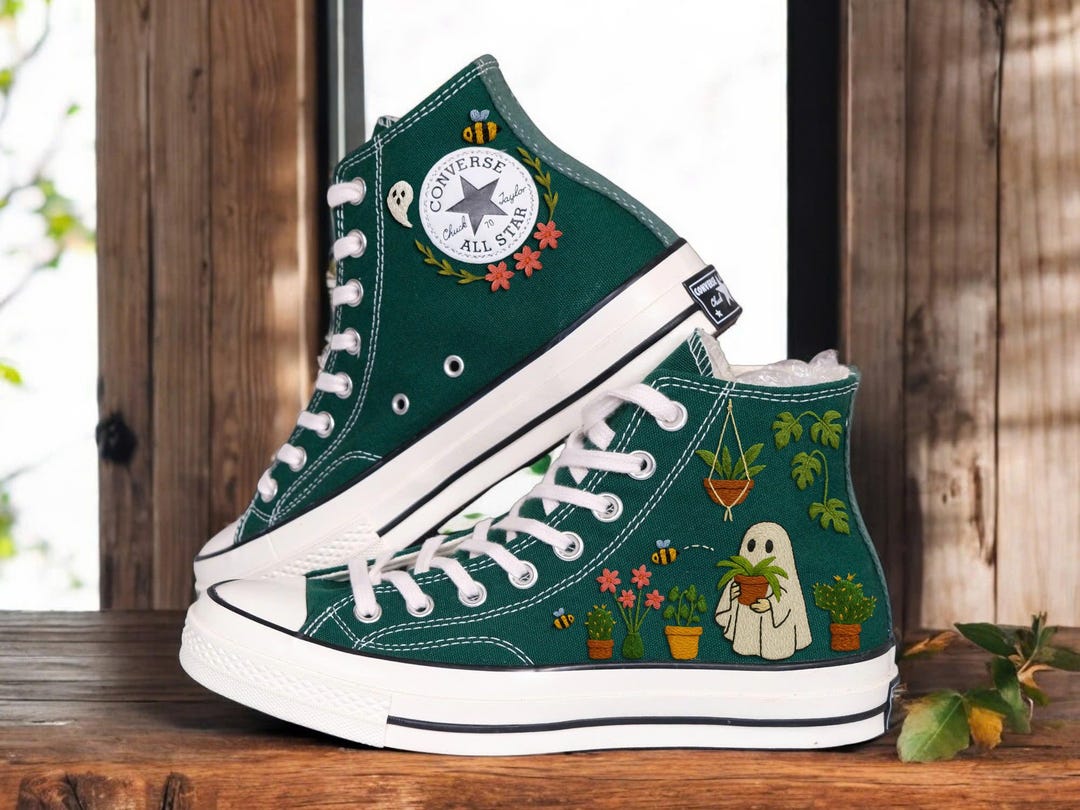 Hand Embroidered Green Converse With Ghost & Plants, Whimsical Nature ...