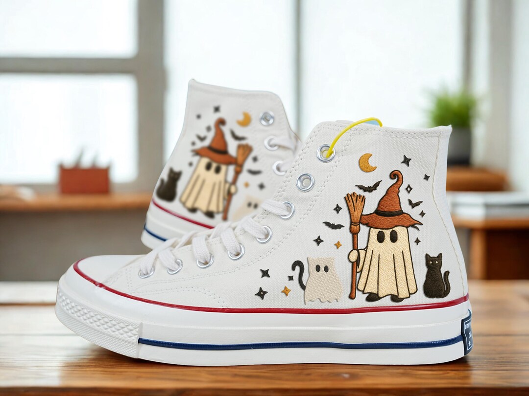 Custom White Converse With Spooky Ghosts & Black Cats, Handcrafted High ...