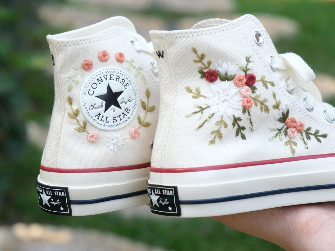 Blush Floral Embroidered Converse, Hand Embroidered High-top Sneakers ...