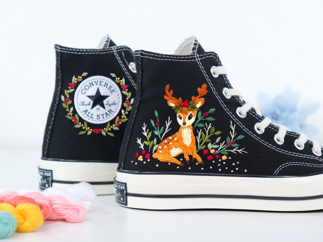 Embroidered Converse Deer, Wild Fern Deer Hand Embroidery Shoes ...