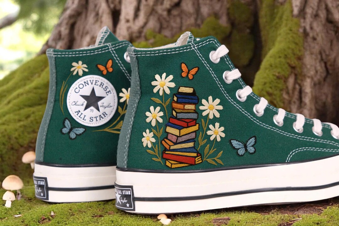 Custom Embroidered Book Stack Converse, Handcrafted Green High-top ...
