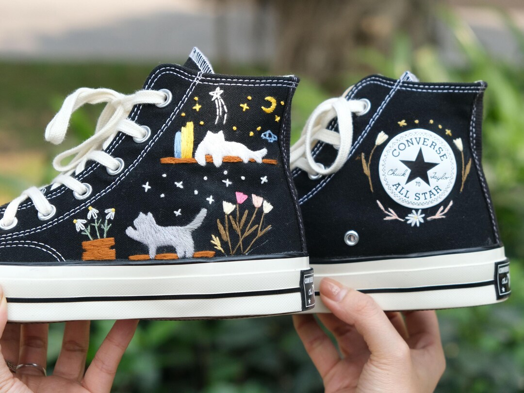 Cat and Bookself Embroidered Converse,embroidered Converse Custom ...