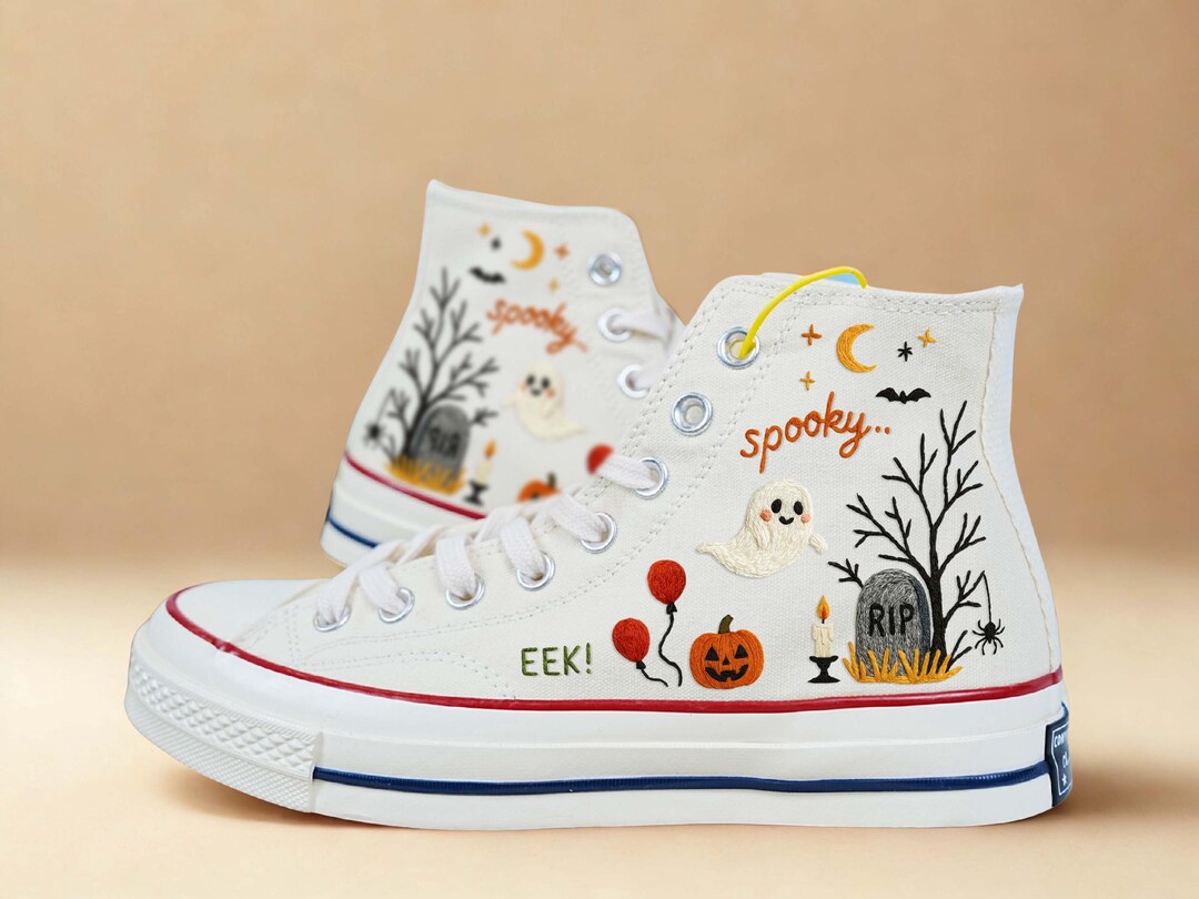 Spooky Ghost Halloween Converse, Cute Embroidered Ghost High Tops ...