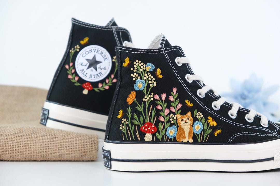 Custom Black Converse With Cat & Mushroom Embroidery | Artistic Floral ...