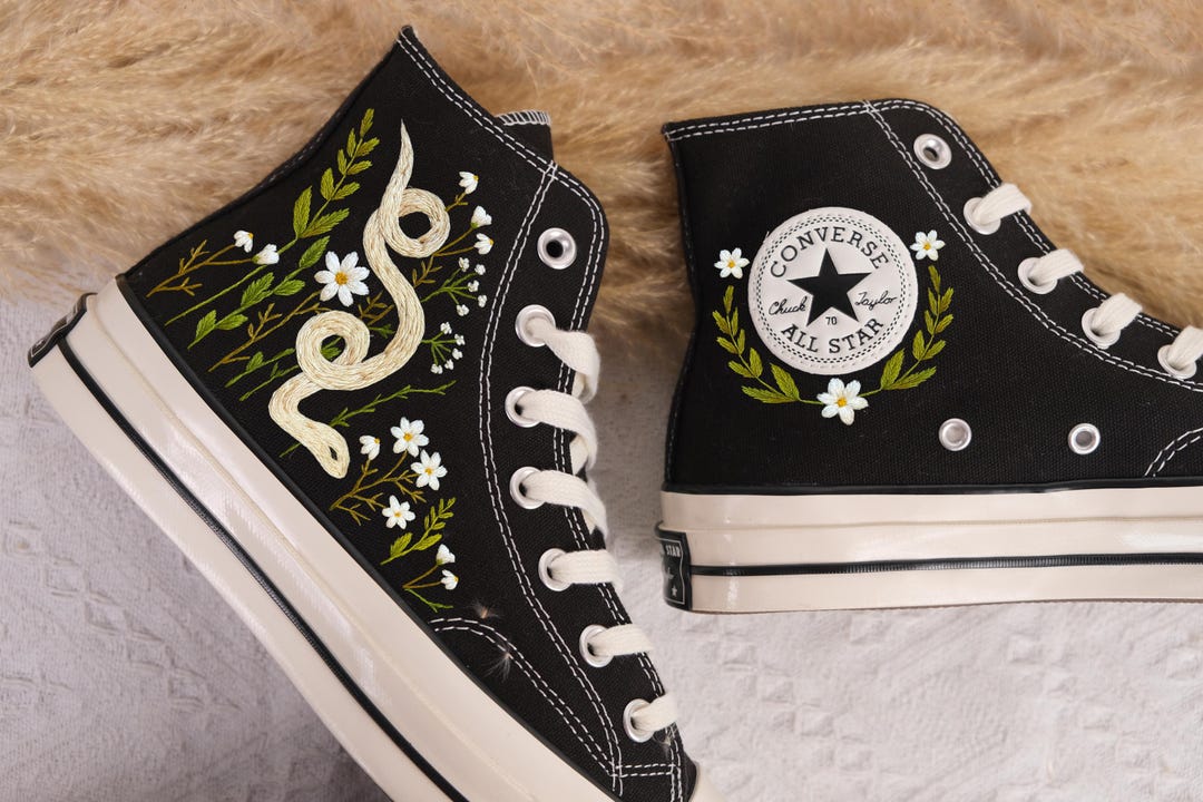 Minimal Snake Floral Shoes, Boho Embroidered Converse, Black Canvas ...