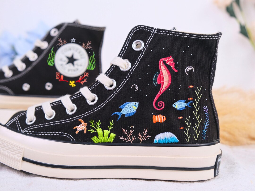 Hippocampus With Ocean Vibes Embroidered Shoes/ Custom Converse/ Ocean ...